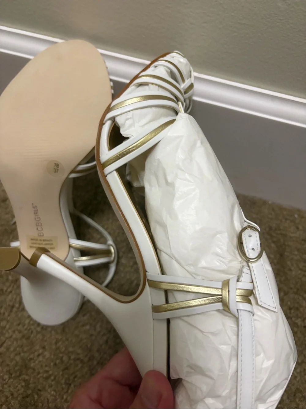 BCBG | Shoes | Bcbg White And Gold Strappy Woven Tbar Heels | Poshmark